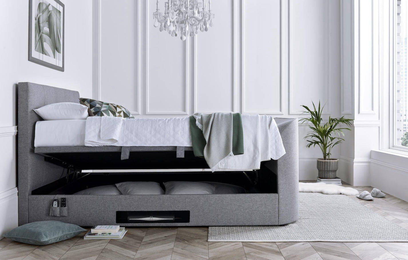 Walkworth Speaker TV Bed Frame with Ottoman Storage - Marbella Grey by ...